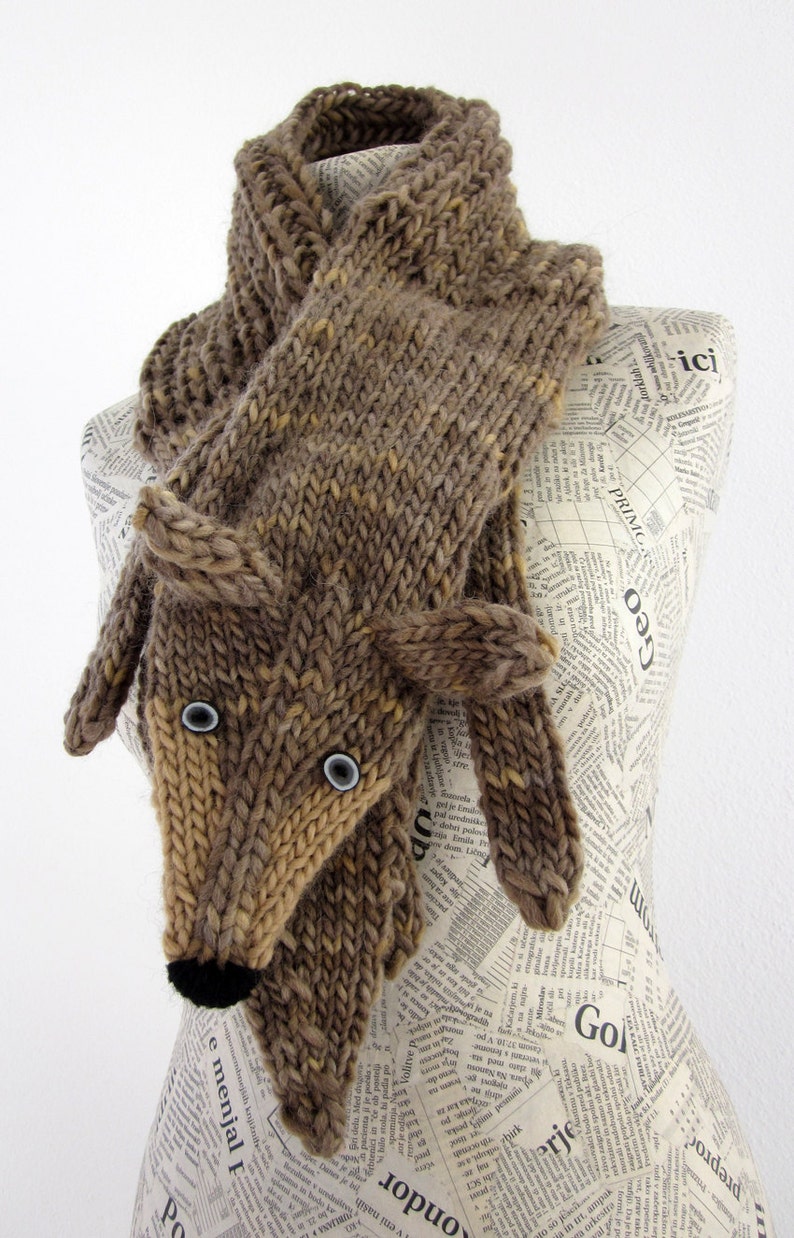 Hand Knit Wolf Scarf in Brown Black With Polymer Clay Buttons - Etsy