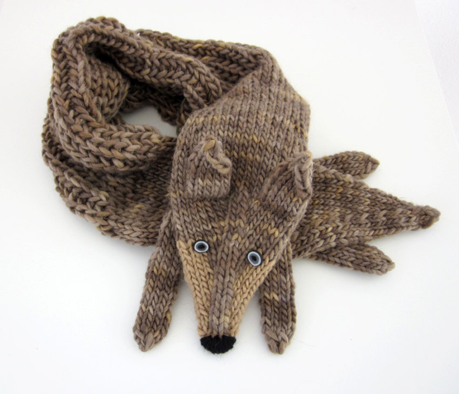 Hand Knit Wolf Scarf in Brown Black With Polymer Clay Buttons - Etsy