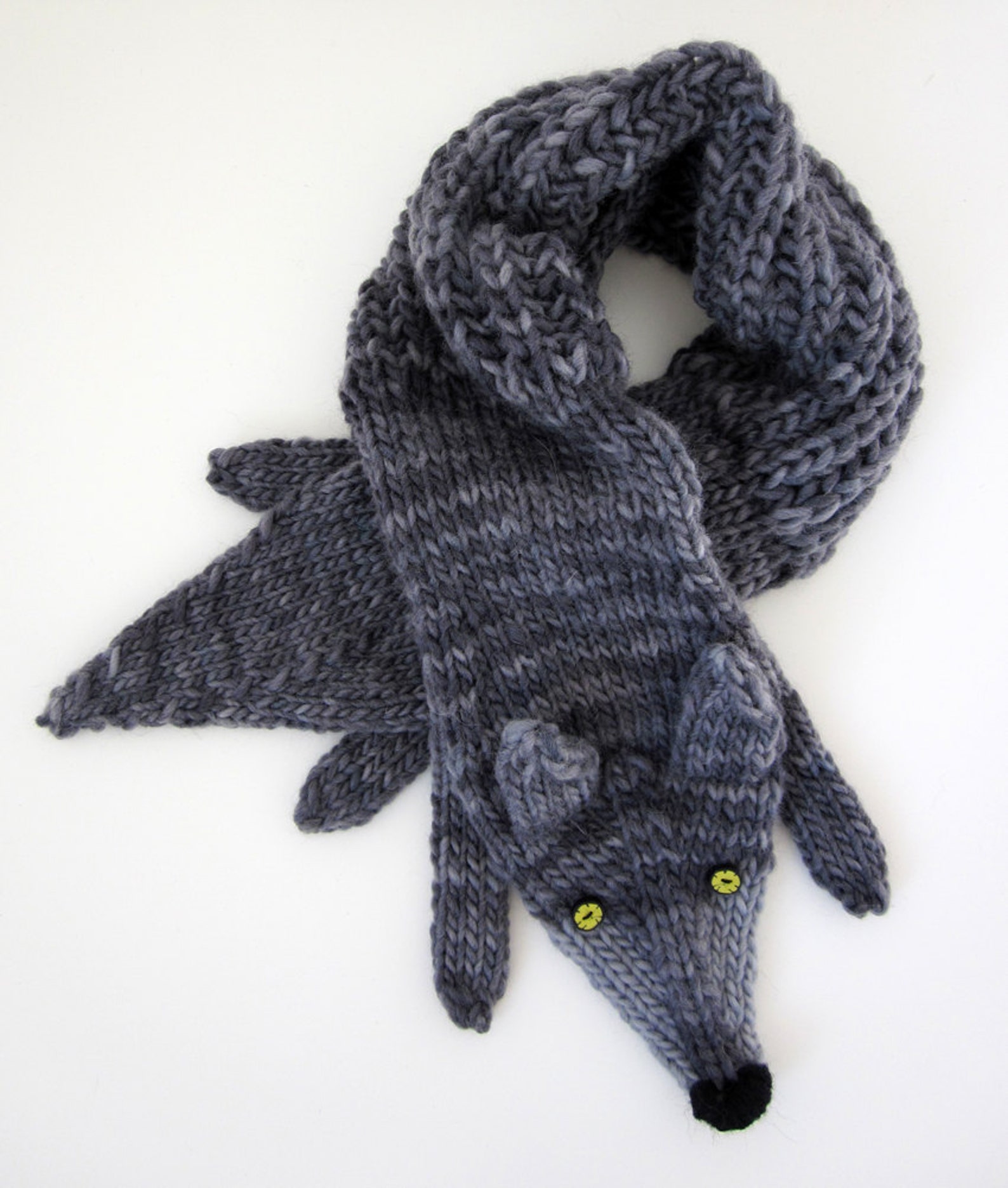 Hand Knit Wolf Scarf in Grey Black With Polymer Clay Buttons - Etsy
