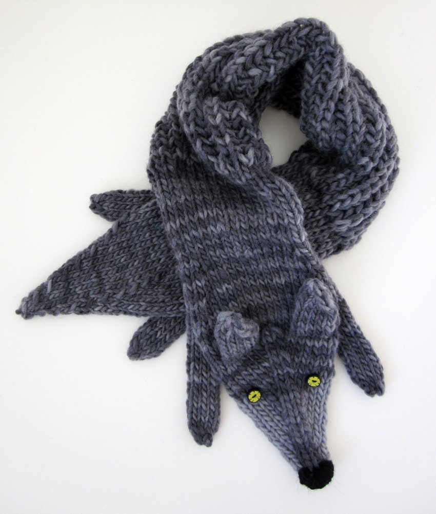 Hand Knit Wolf Scarf in Grey Black With Polymer Clay Buttons - Etsy