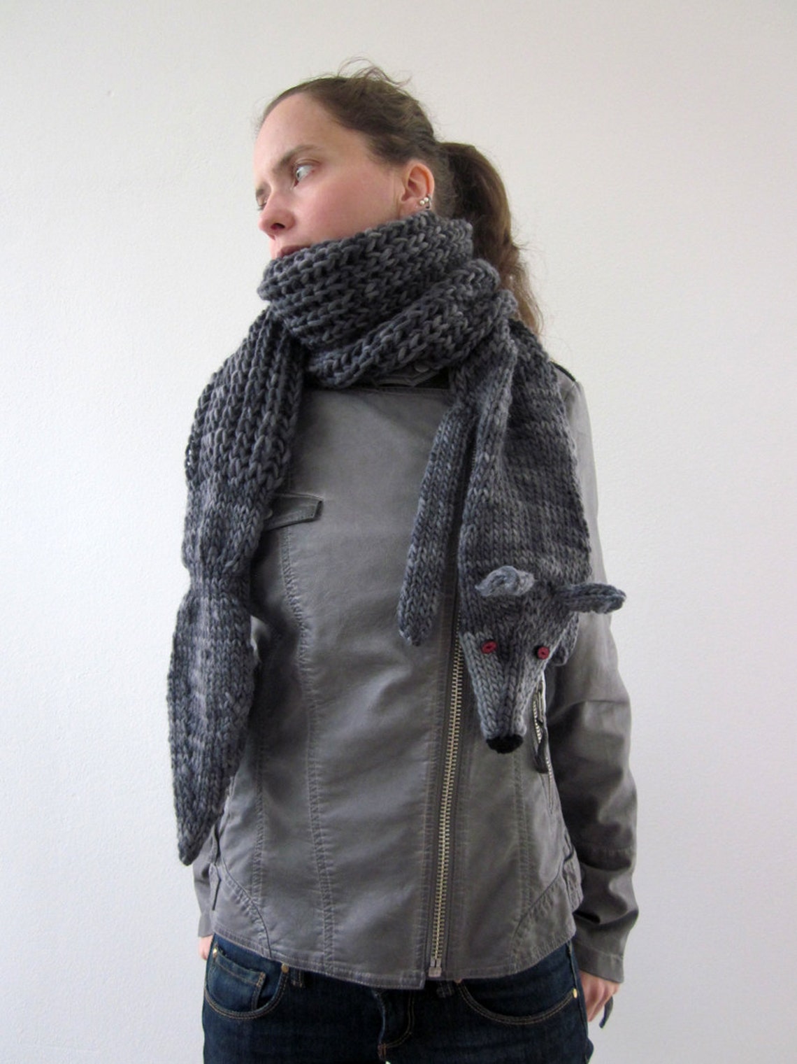 Hand Knit Long Wolf Scarf in Grey Black With Polymer Clay Buttons, Grey ...