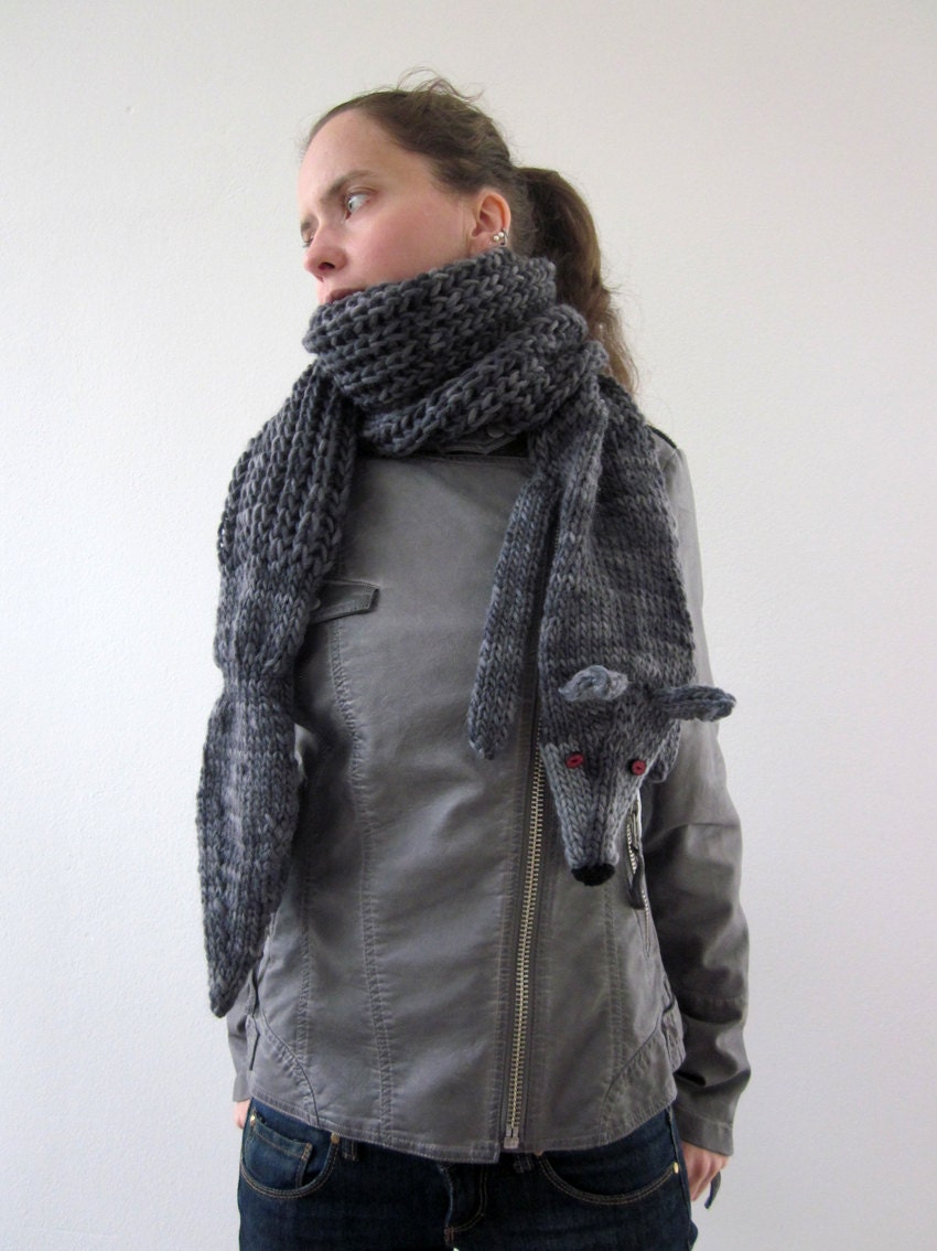 Hand Knit Long Wolf Scarf in Grey Black With Polymer Clay Buttons, Grey ...