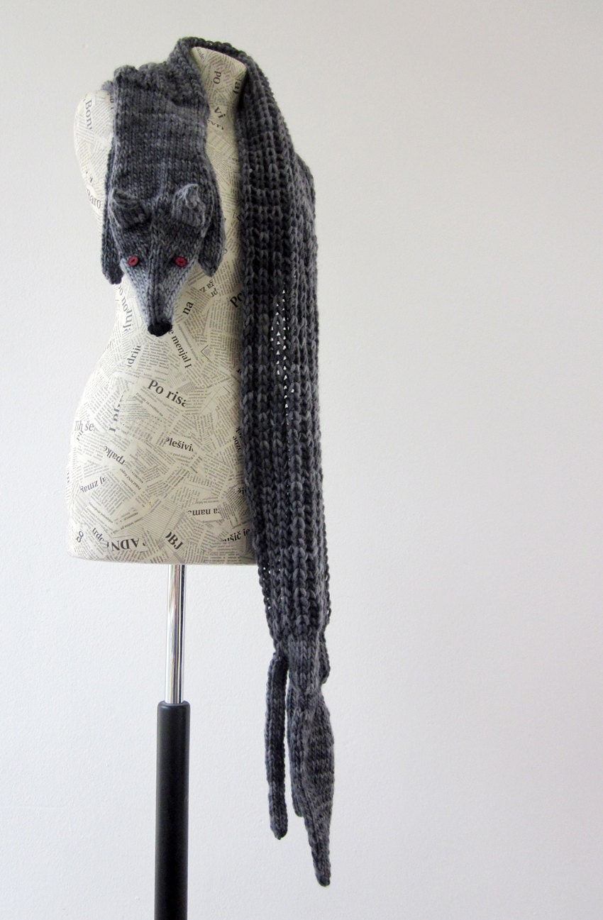 Hand Knit Long Wolf Scarf in Grey Black With Polymer Clay Buttons, Grey ...