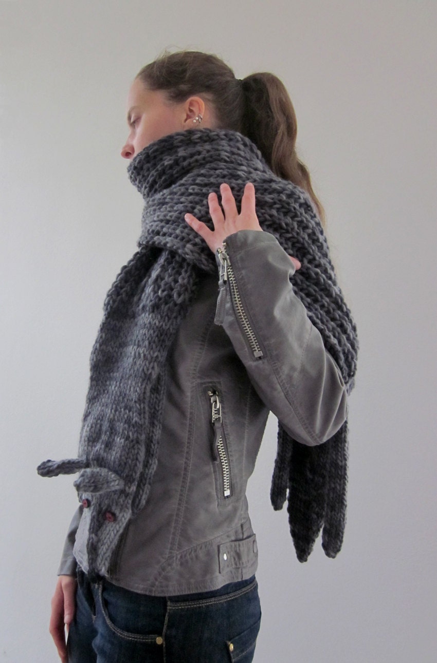 Hand Knit Long Wolf Scarf in Grey Black With Polymer Clay Buttons, Grey ...
