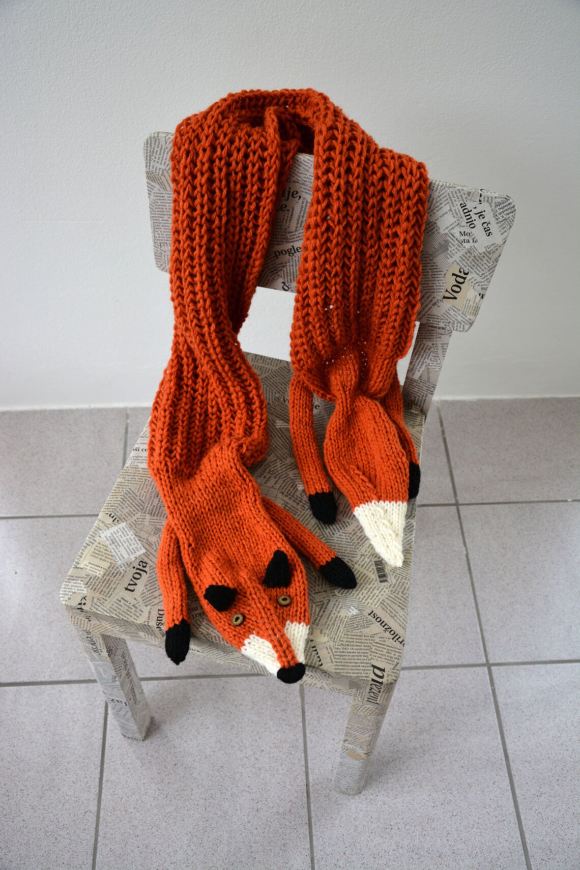 Hand Knit Long Fox Scarf in Red Orange With Polymer Clay Buttons - Etsy
