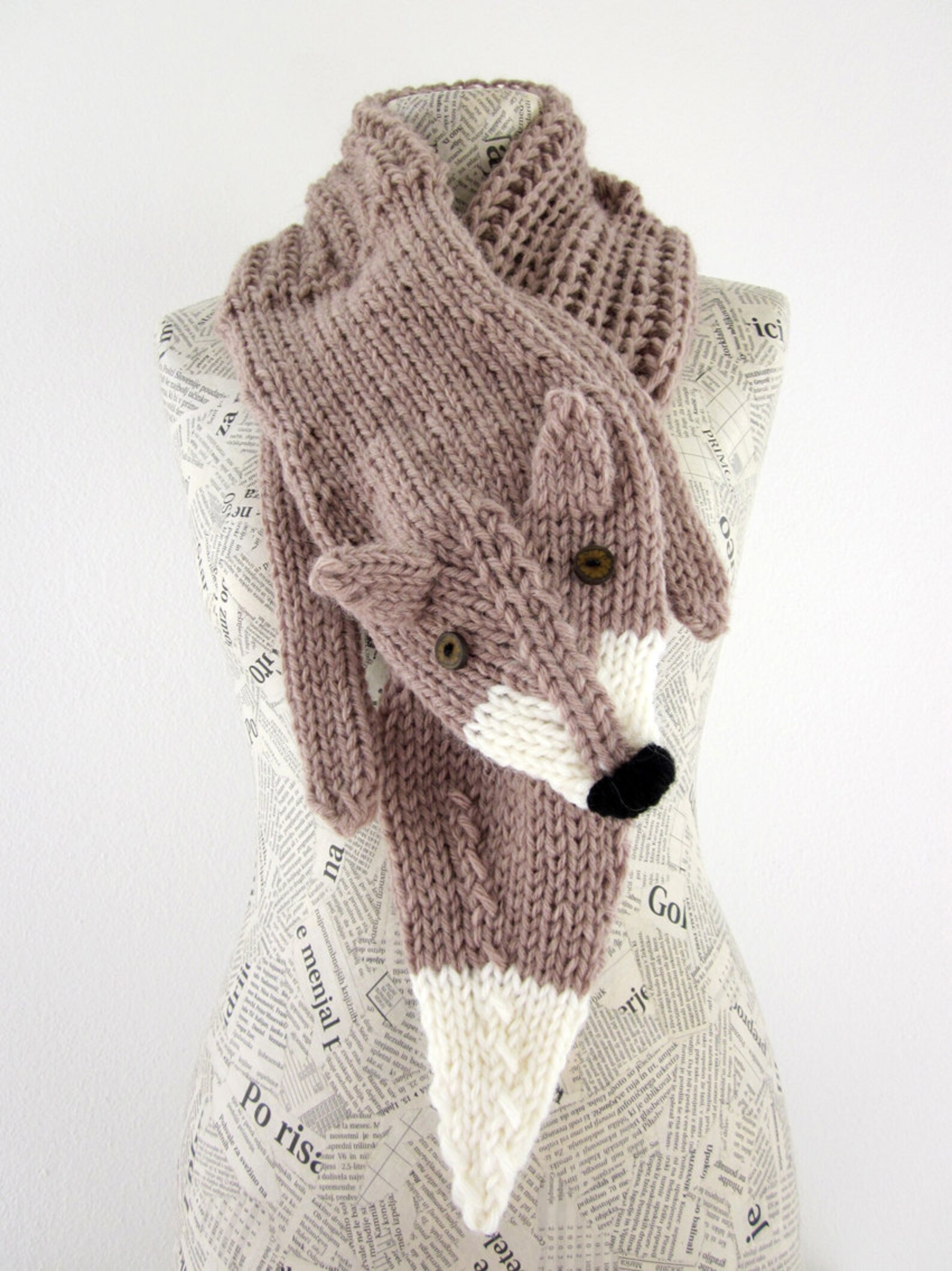 Hand Knit Fox Scarf in Light Brown, Hazelnut With Polymer Clay Buttons ...