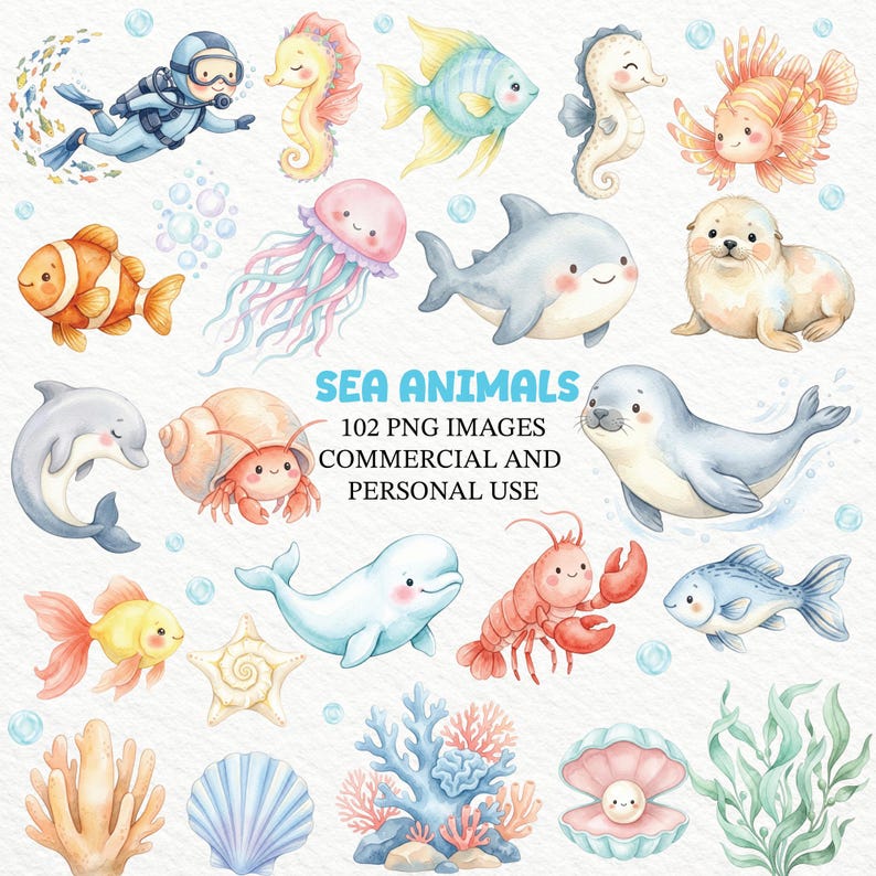 Watercolor Sea Animals Clipart Bundle | Dolphin, Whale, Turtle, Octopus ...