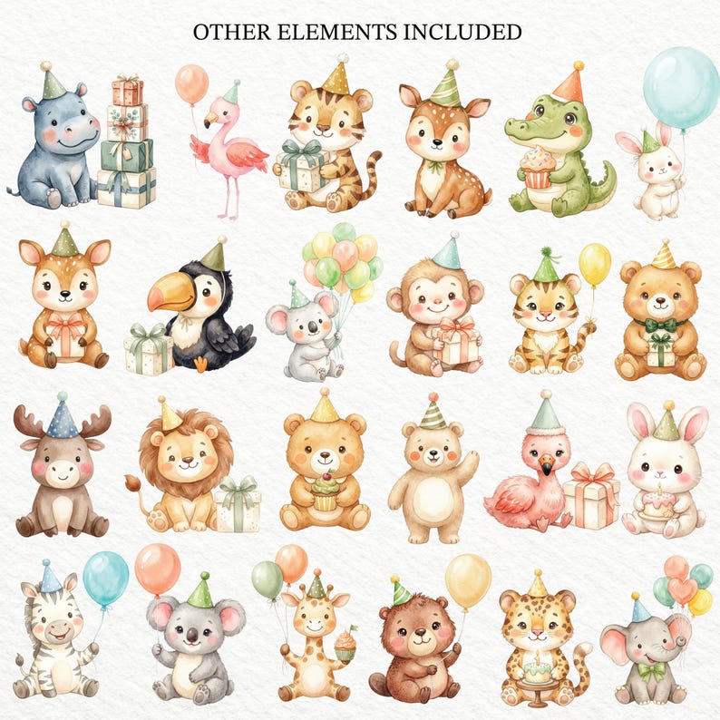 Jungle Safari Birthday Watercolor Clipart, Woodland Animals Celebration ...