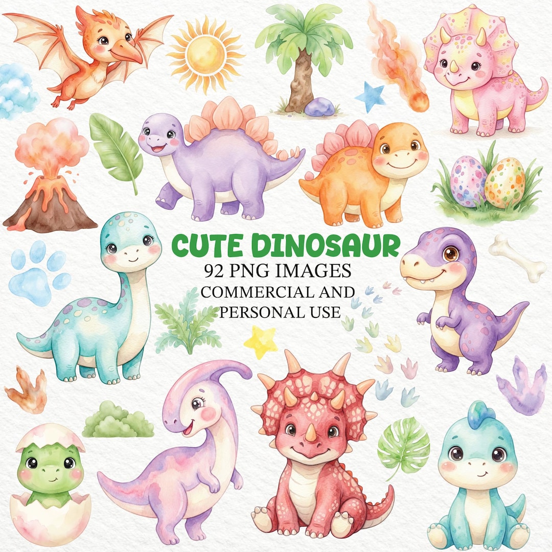 Watercolor Dinosaur Clipart Bundle | Baby Dino, T-rex, Triceratops ...