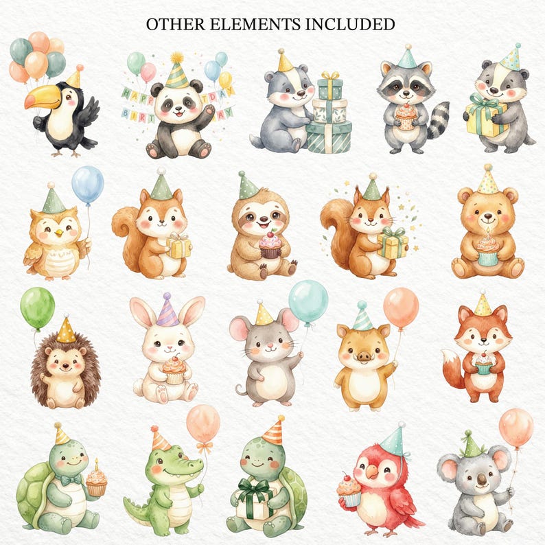Jungle Safari Birthday Watercolor Clipart, Woodland Animals Celebration ...