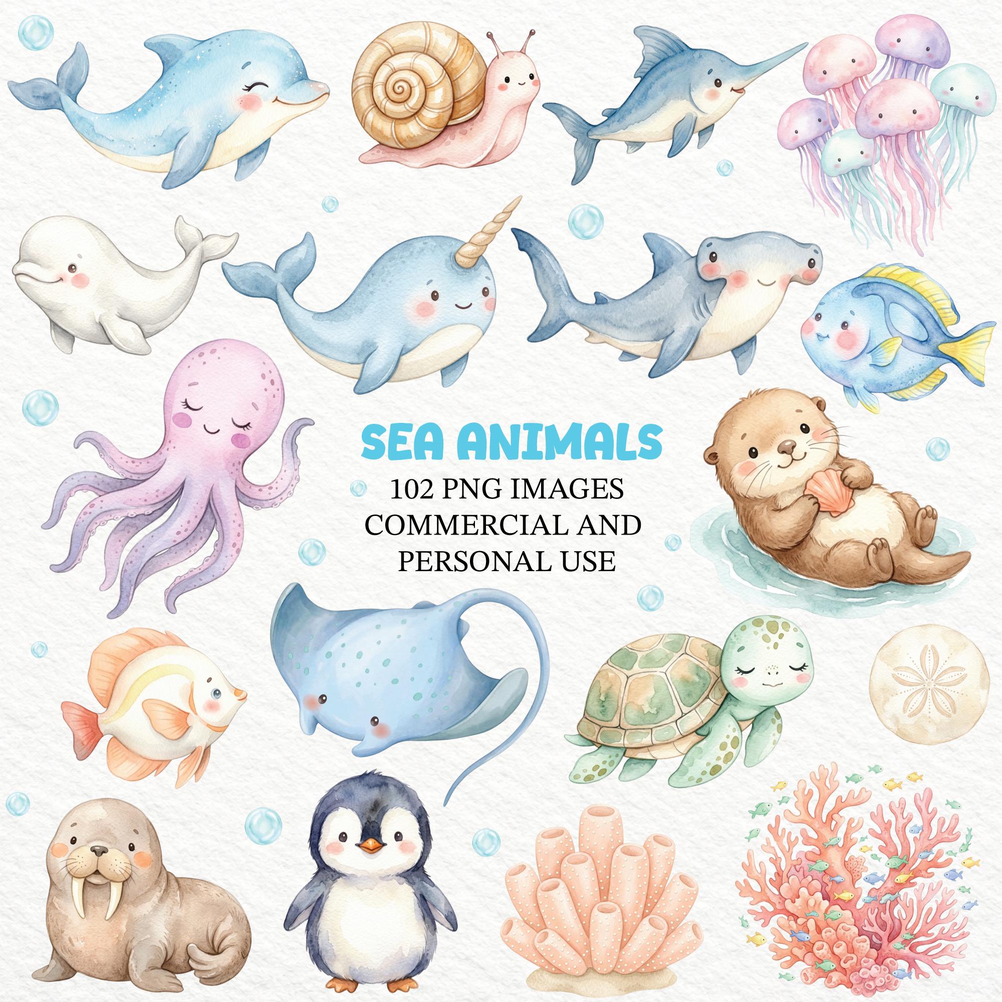 Watercolor Sea Animals Clipart Bundle | Dolphin, Whale, Turtle, Octopus ...