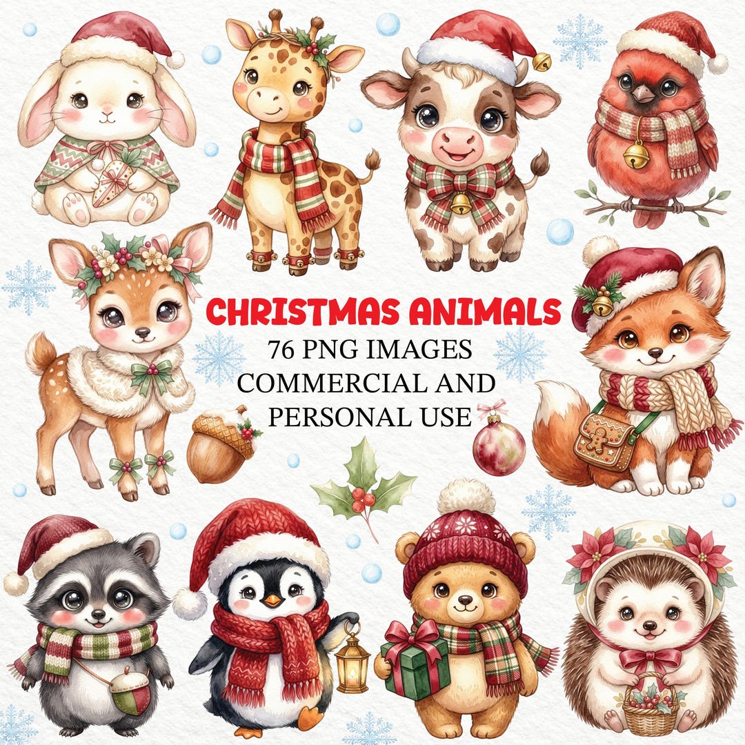 Christmas Animals Watercolor Clipart | Fox, Bunny, Penguin, Bear ...