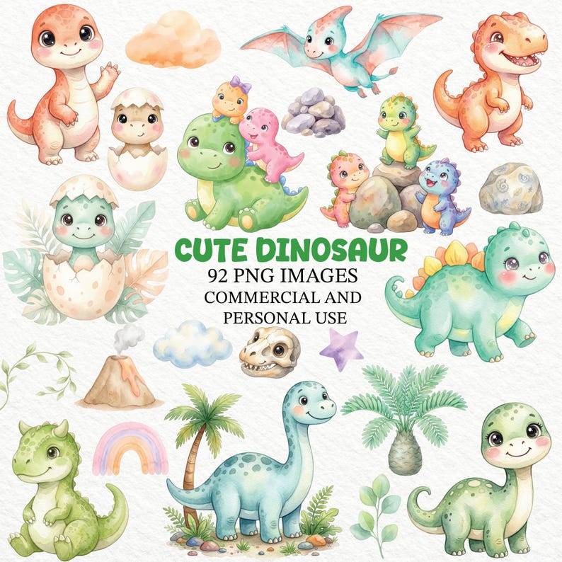 Watercolor Dinosaur Clipart Bundle | Baby Dino, T-rex, Triceratops ...