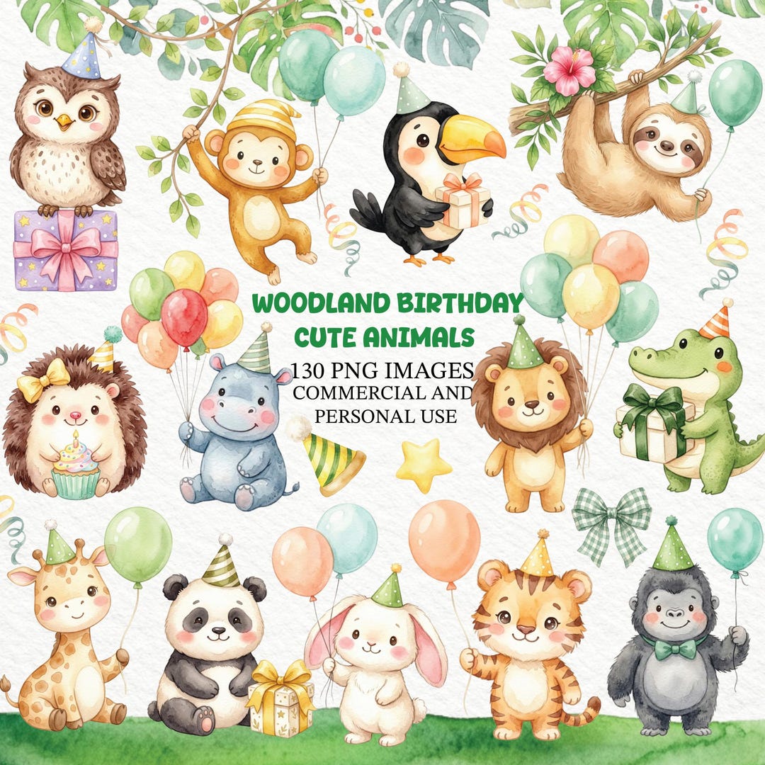 Jungle Safari Birthday Watercolor Clipart, Woodland Animals Celebration ...