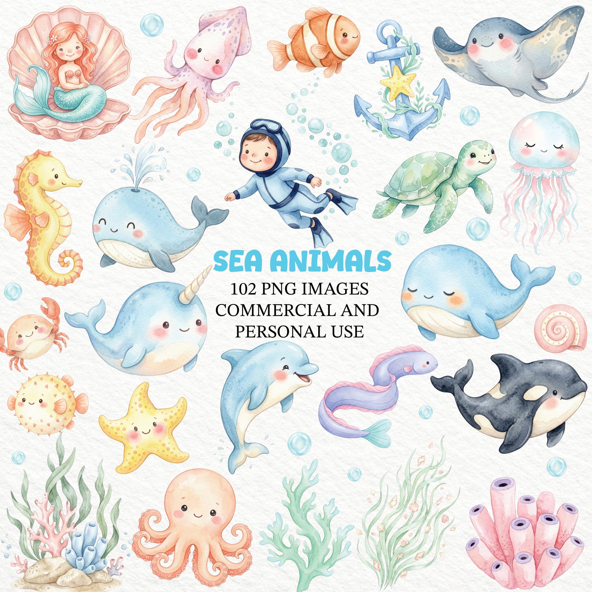 Watercolor Sea Animals Clipart Bundle | Dolphin, Whale, Turtle, Octopus ...
