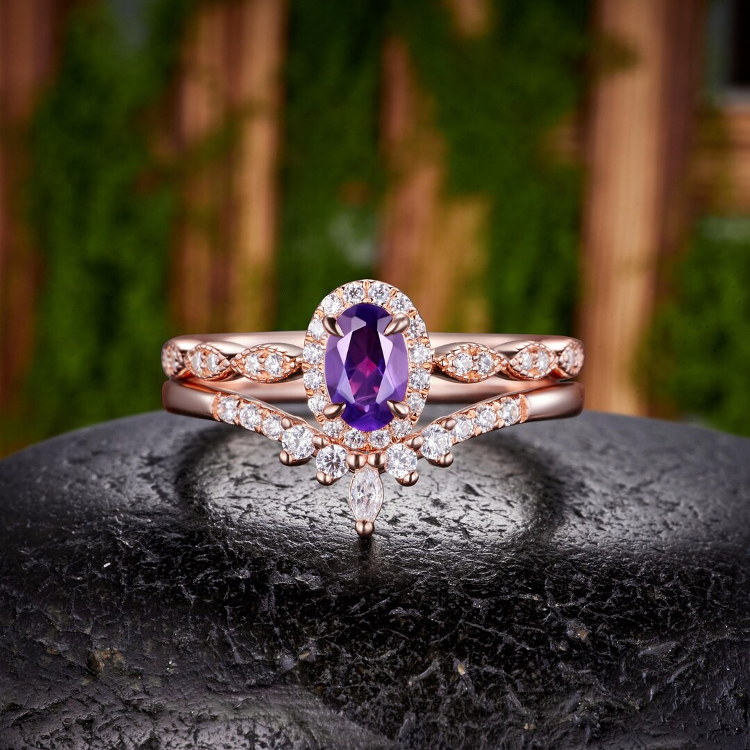 Unique Oval Cut Purple Amethyst Engagement Ring Set 14K Rose Gold ...