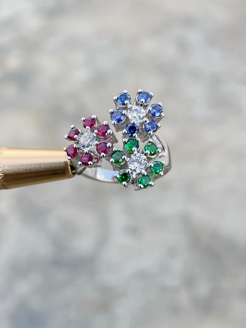 Multi Gemstone Cluster Engagement Ring, 925 Sterling Silver Ring, Ruby ...