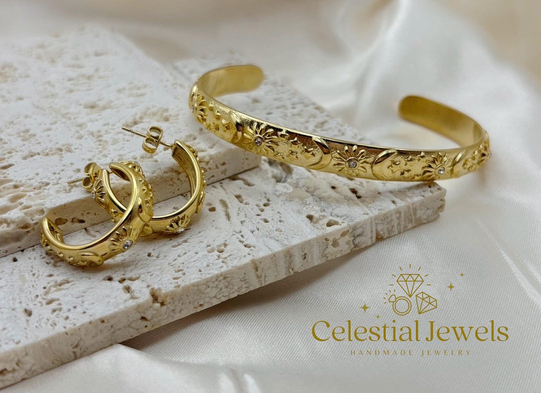 Celestial Sun Moon Bracelet & Earrings Set • 18K Gold Plated - Etsy UK