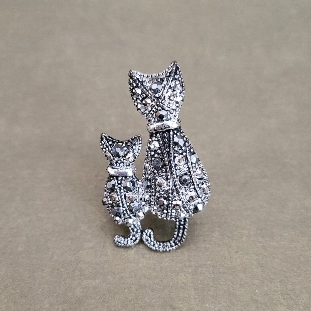 Black Rhinestone Silvertone Cat With Kitten Pin - Faux Marcasite Brooch ...
