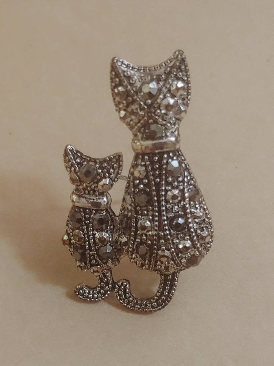 Black Rhinestone Silvertone Cat With Kitten Pin Faux Marcasite Brooch ...