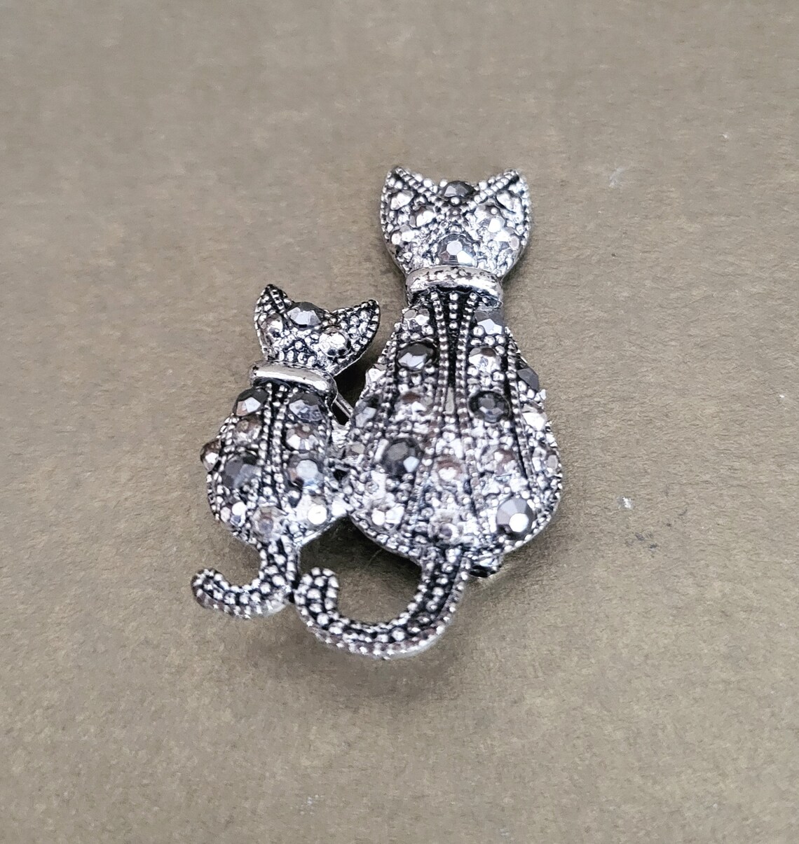 Black Rhinestone Silvertone Cat With Kitten Pin - Faux Marcasite Brooch ...
