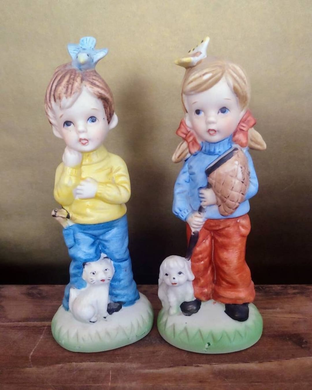 Boy and Girl Ceramic Figurines - Collectible Boy and Girl With Cat and ...