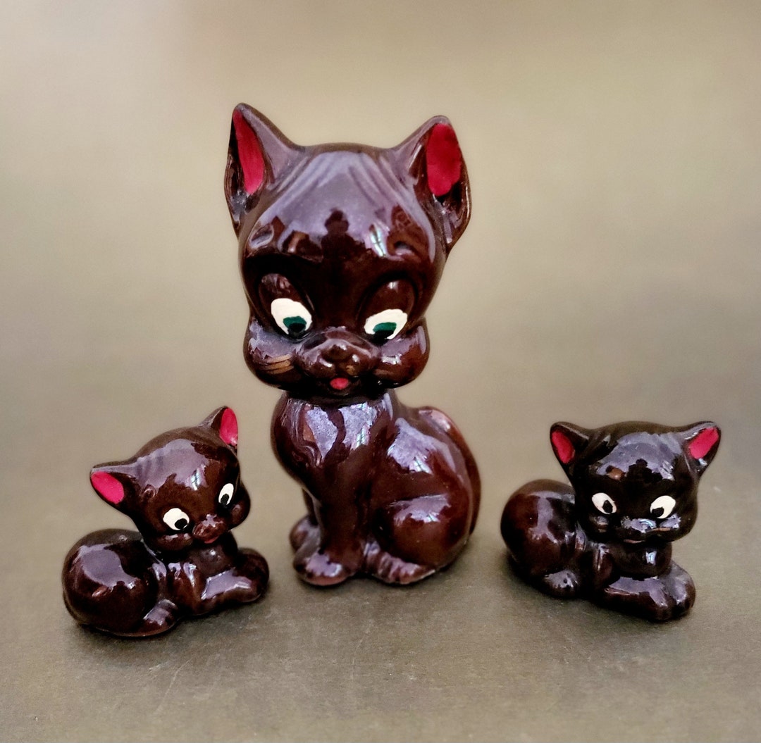 Redware Trio Cat Figurines - Brown Pottery Kitty Cat Collectibles ...