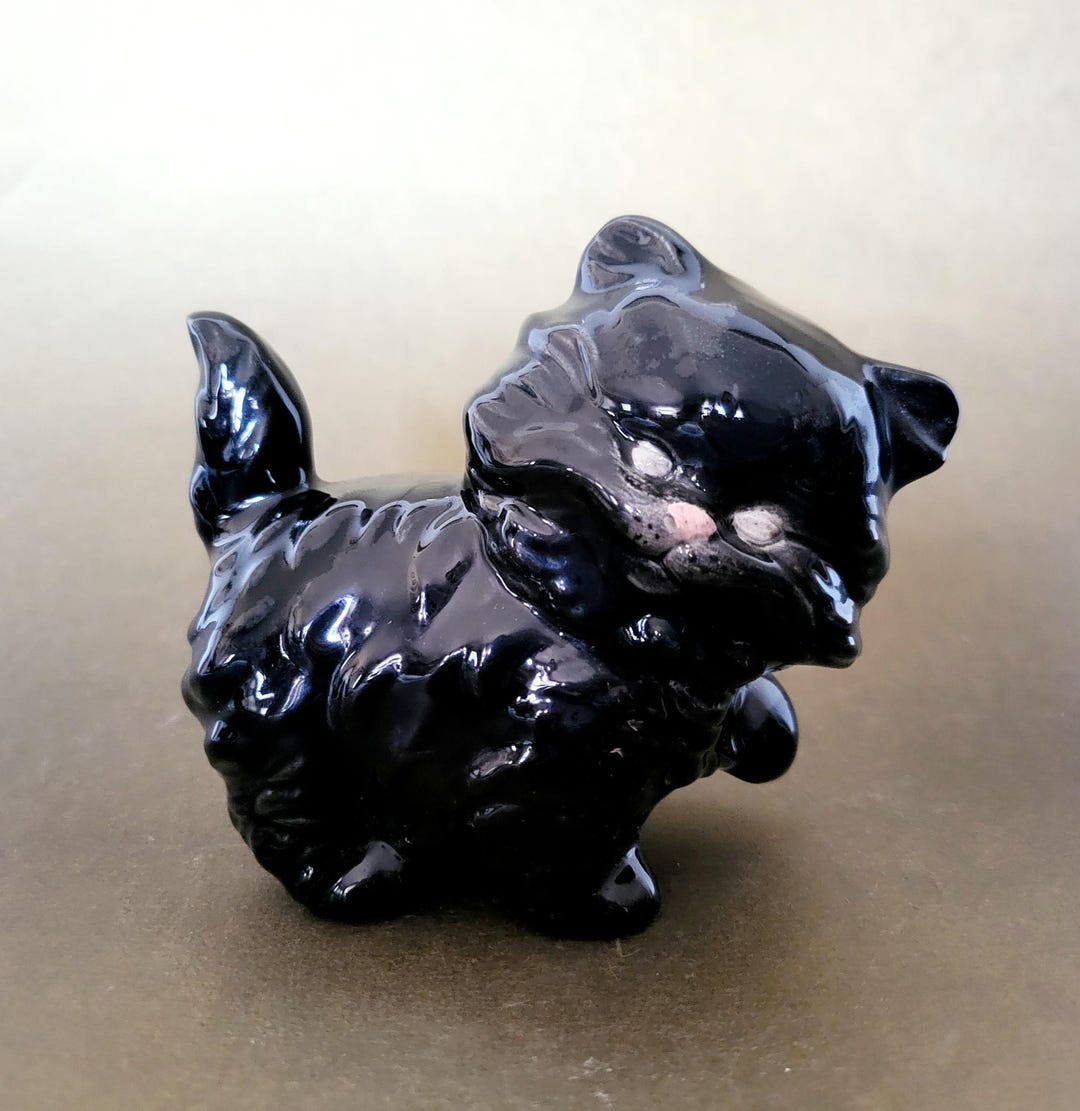 Ceramic Porcelain Black Kitty Cat Figurine - Playful Kitten Collectible ...