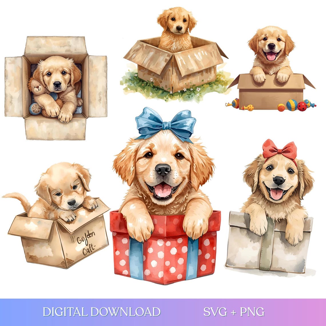 Golden Retriever Puppy in Box SVG PNG, Cute Dog Clipart Bundle, Gift ...