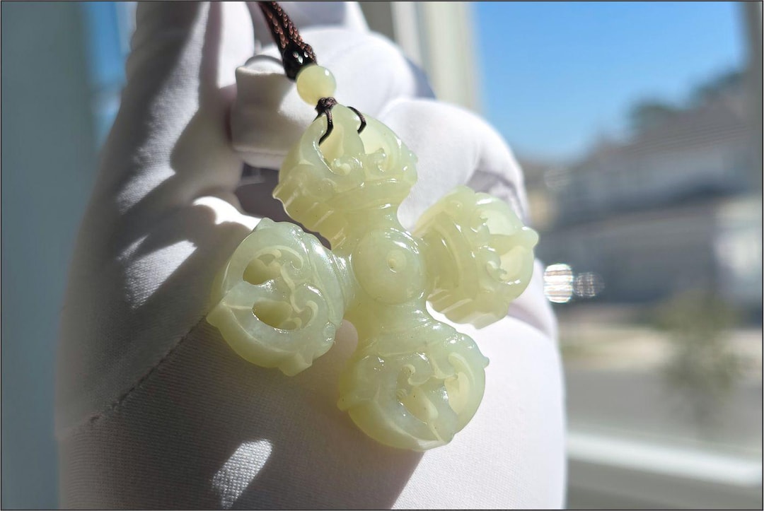 Certified Natural Yellowish Nephrite Jade Carved Crossed Vajra Pendant ...