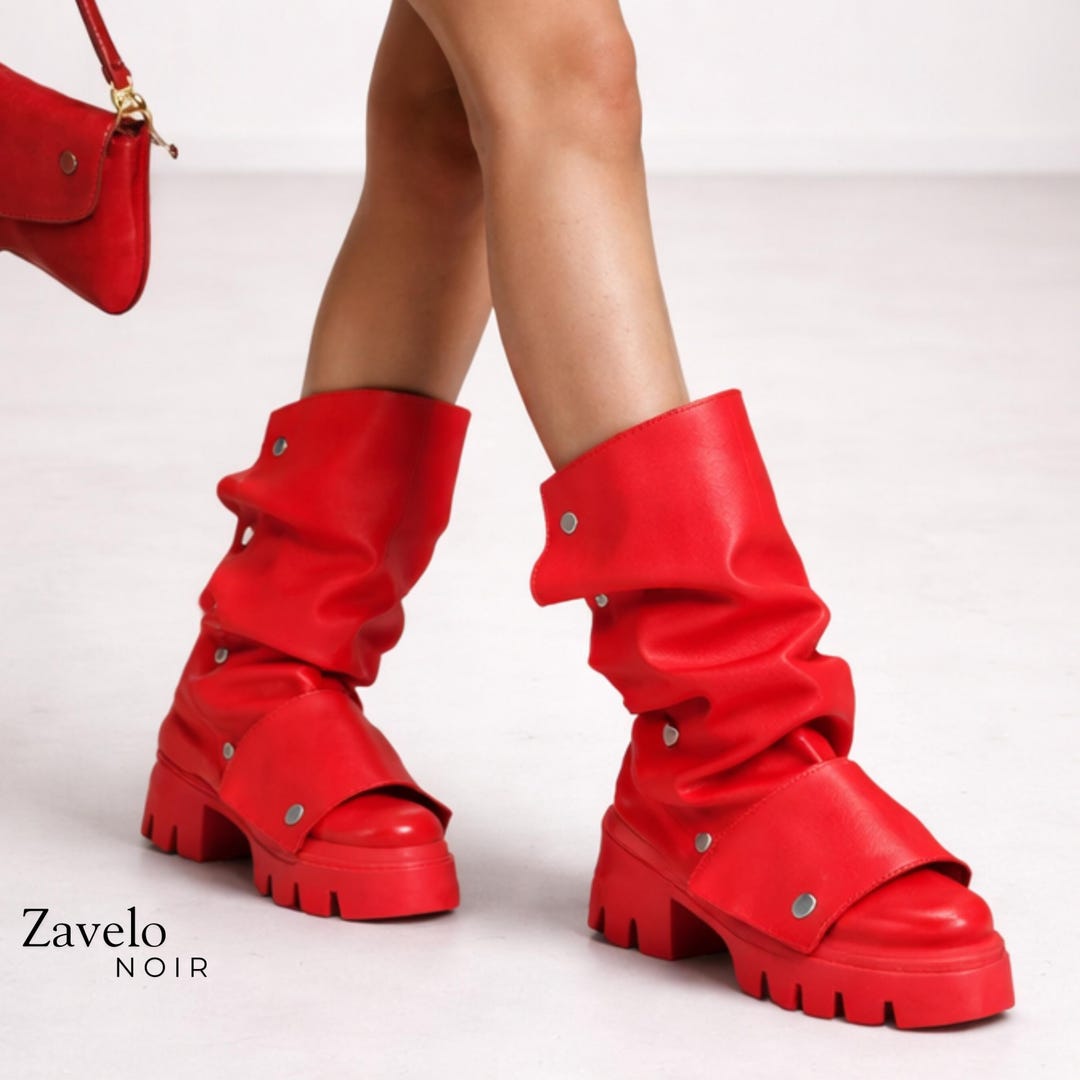 Slouchy Platform Boots Leather Fold Over Punk Mid Calf Boots - Etsy