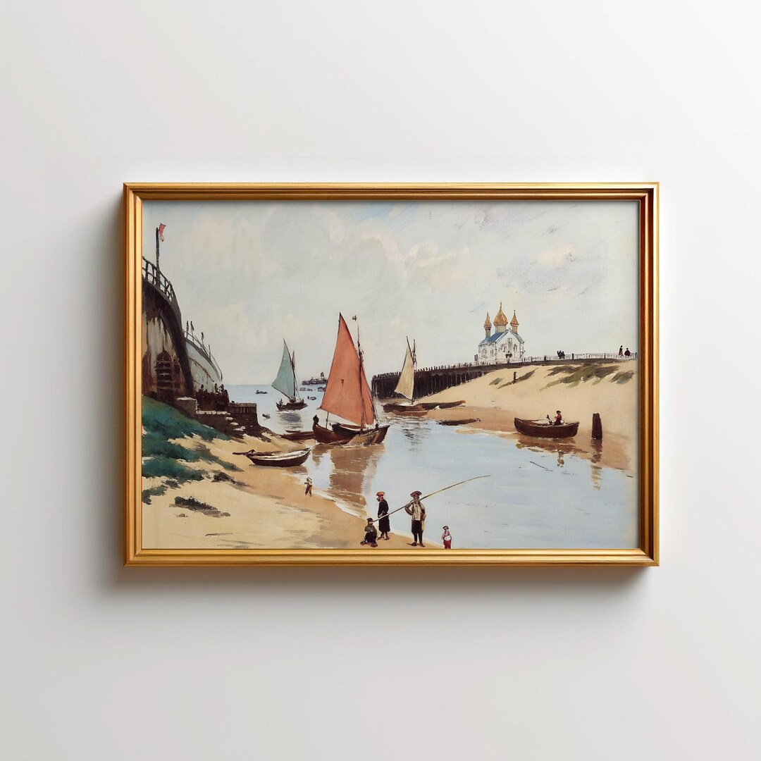 Beach Pier, Harbor Scene Painting, Red Sailboat, Church, Hand-painted ...