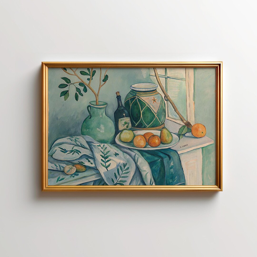 Impressionist Still Life Painting, Green Vase, Fruit Plate, Wine Bottle ...