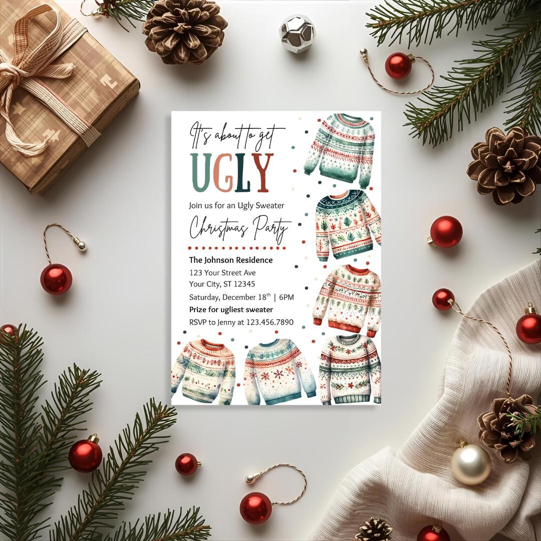 Editable Ugly Sweater Party Invitation, Christmas Tacky Sweater Invite ...