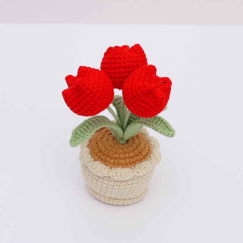 Handmade Crochet Tulip in Pot Desk & Home Decor Gift Floral Arrangement ...