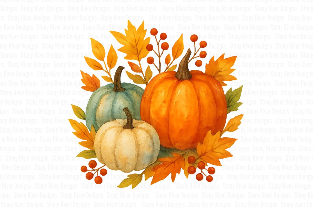 Watercolor Pumpkin Fall Harvest PNG: Clipart Trio & Leaves (instant ...