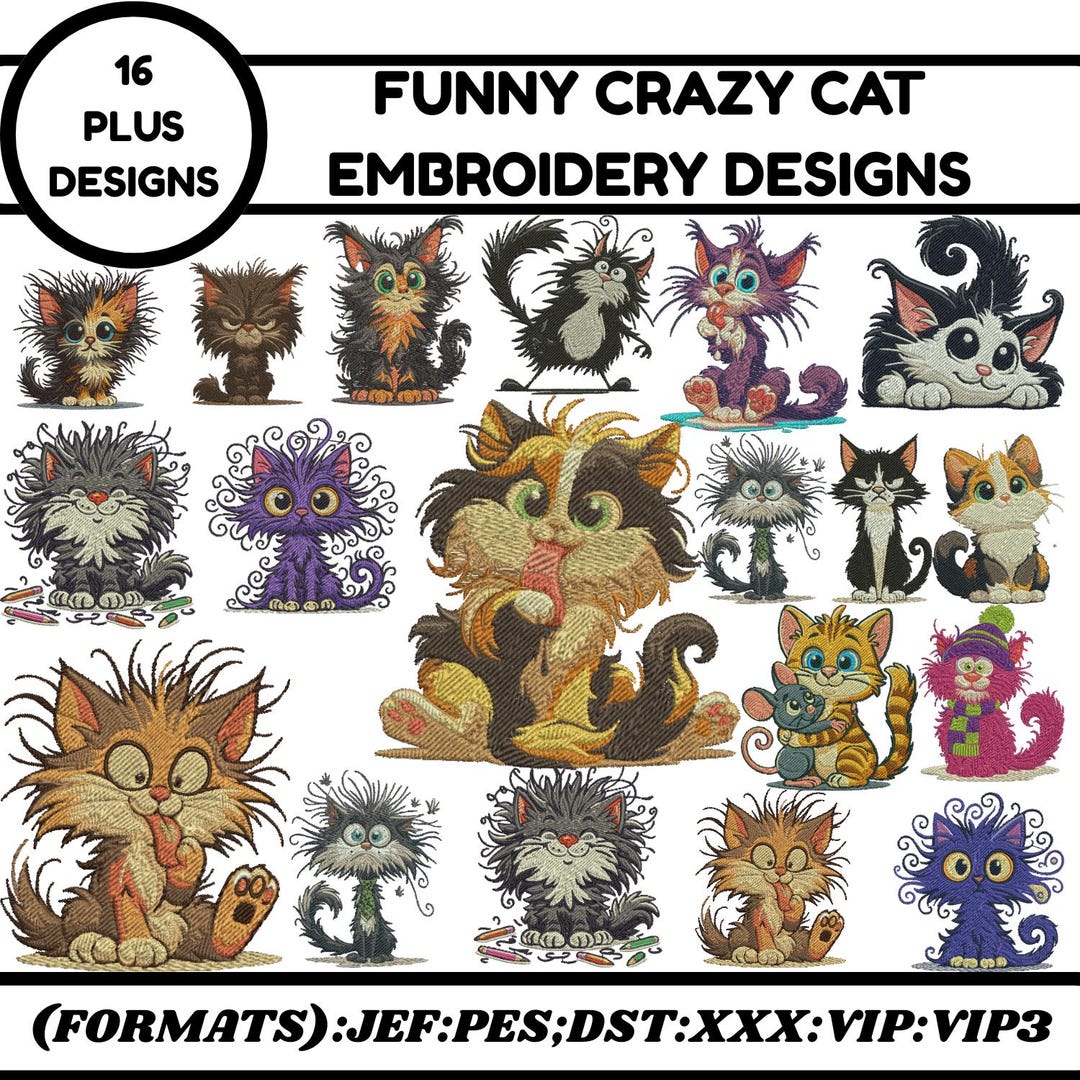 Crazy Cat Machine Embroidery Designs Funny Floral Cat Design Frazzled ...