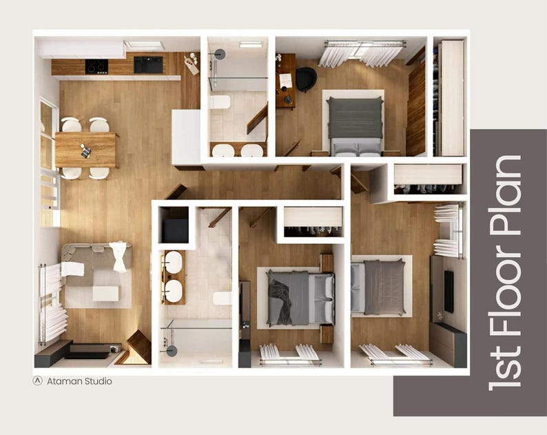 1000 Sq Ft Small House Plan – One-story, 3BD/2BA + Kitchen-living Area ...