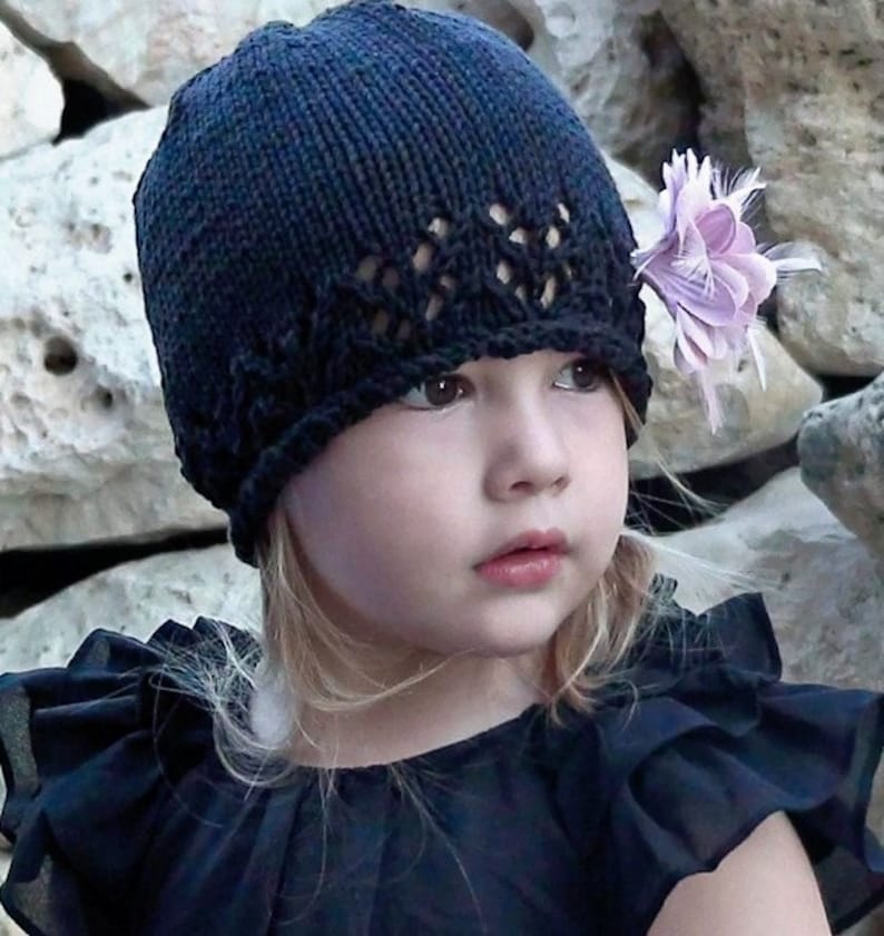 KNITTING PATTERN Girls Knit Hat,black,knit Lace Hat, Eyelets, Beanie ...