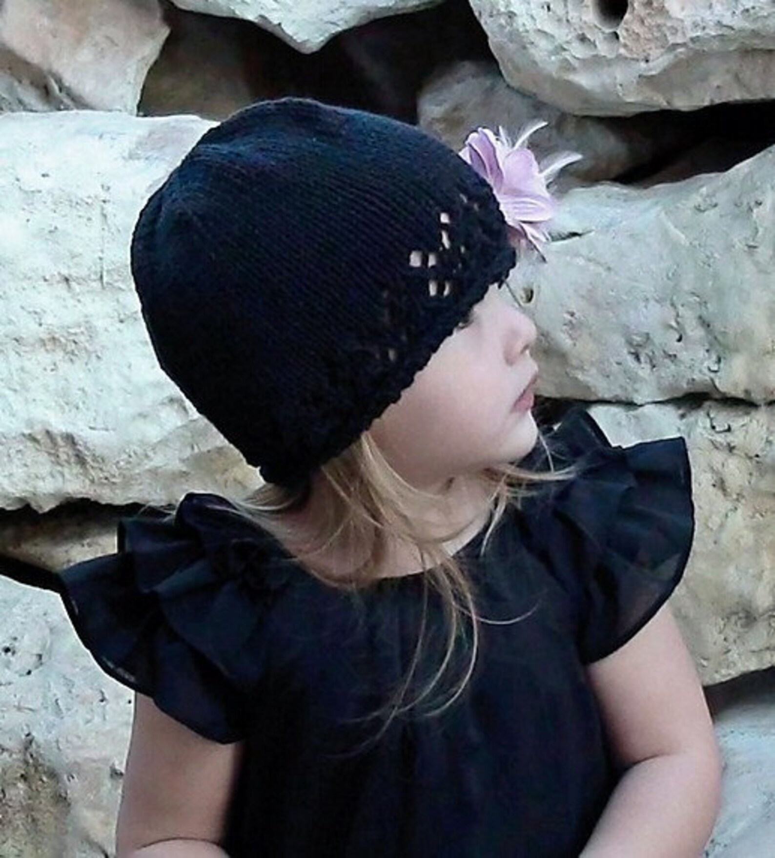 KNITTING PATTERN Girls Knit Hat,black,knit Lace Hat, Eyelets, Beanie ...