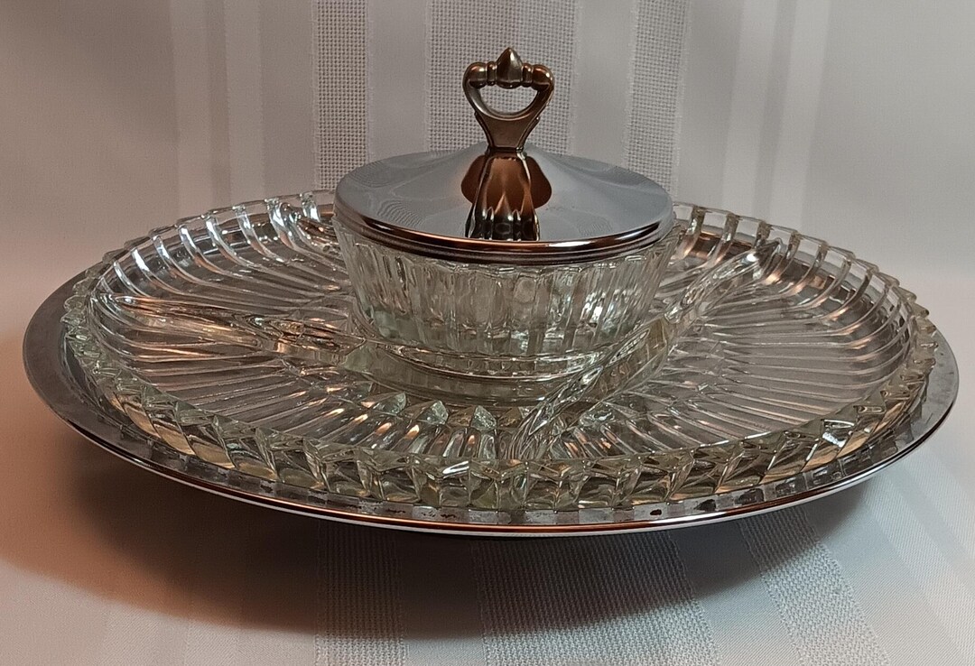 Chrome Lazy Susan With Glass Serving Platter & Dip Bowl - Etsy