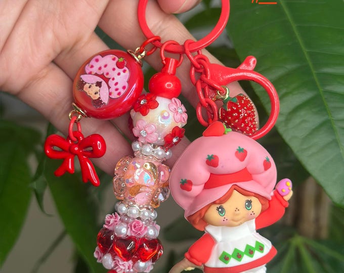 Strawberry Girl Keychain – Red Beaded Charm, Kawaii Berry Bag Accessory ...
