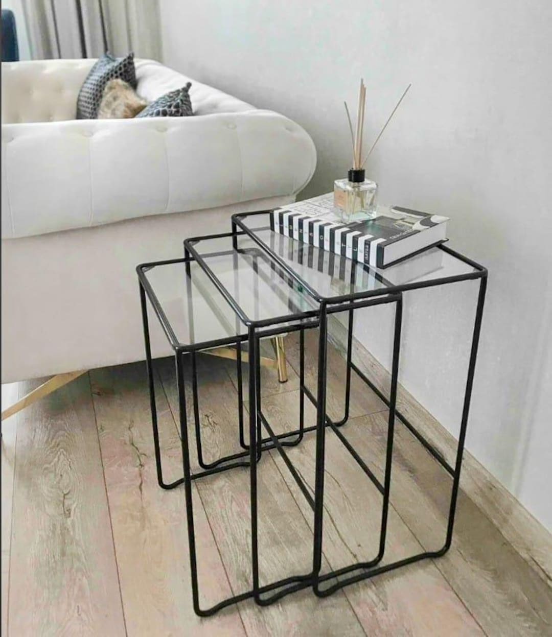 Glass Nesting Coffee Table Set: Retro Metal Frame Accent Tables - Etsy