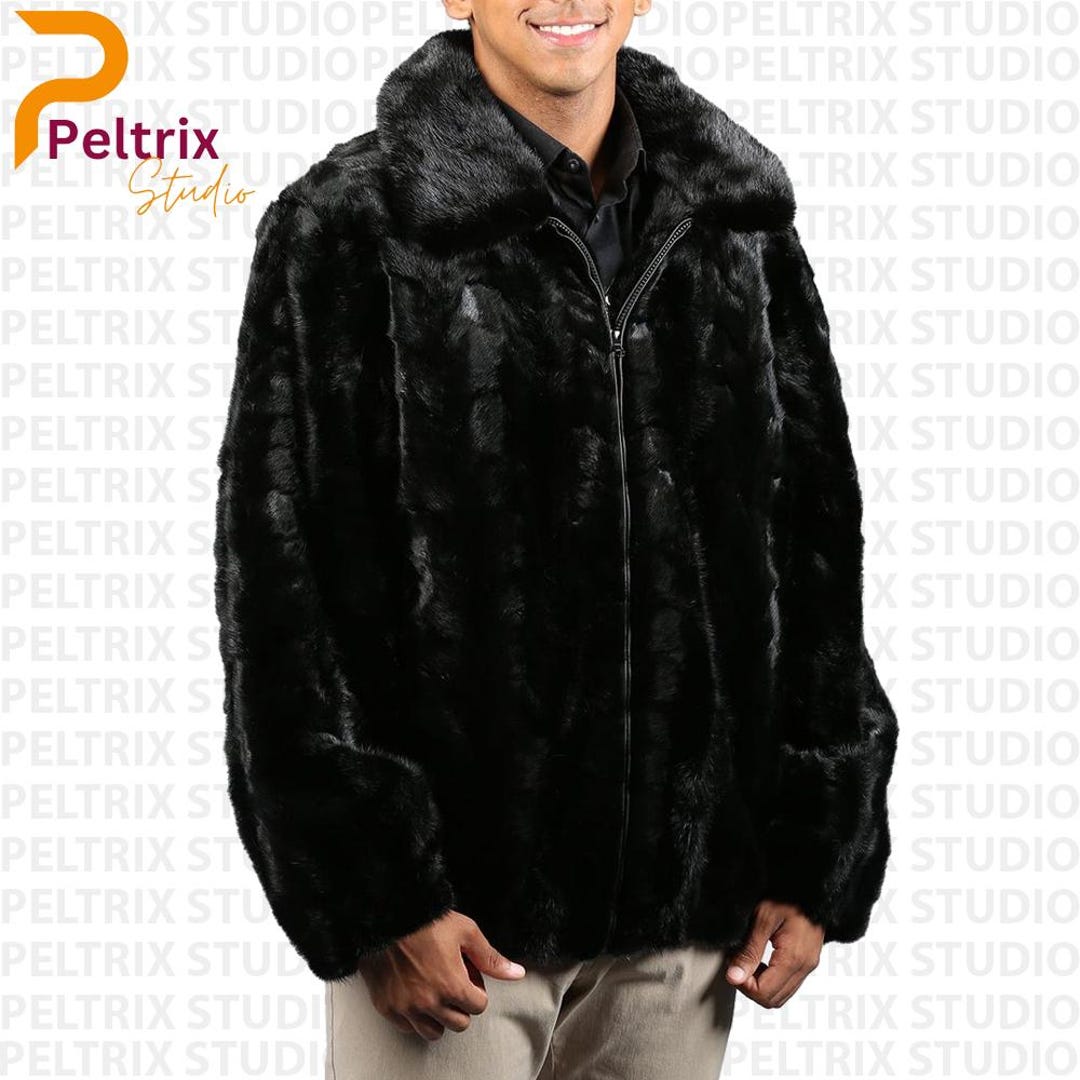 Men's Black Real Mink Fur Bomber Jacket | Genuine Mink Fur Jacket ...