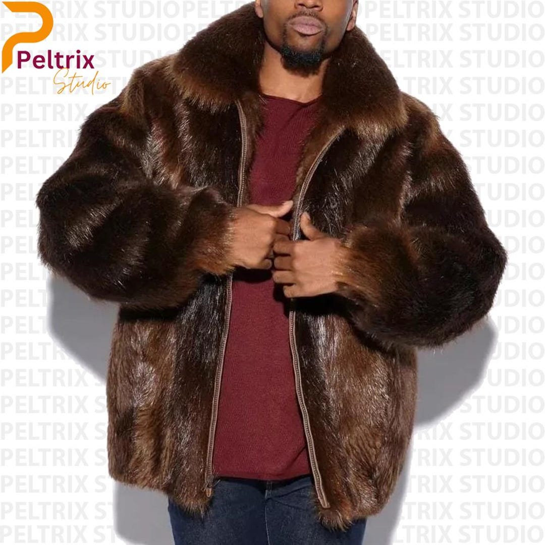 Men’s Brown Real Nutria Fur Bomber Jacket | Genuine Vintage Fur Coat ...