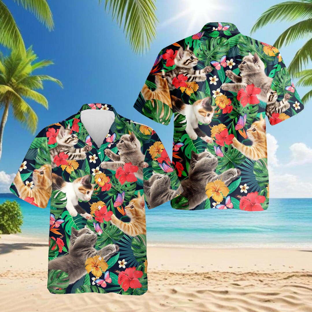 Cat Hawaiian Shirt Tropical Kittens Floral, Cute Cat Aloha Shirt, Cat ...