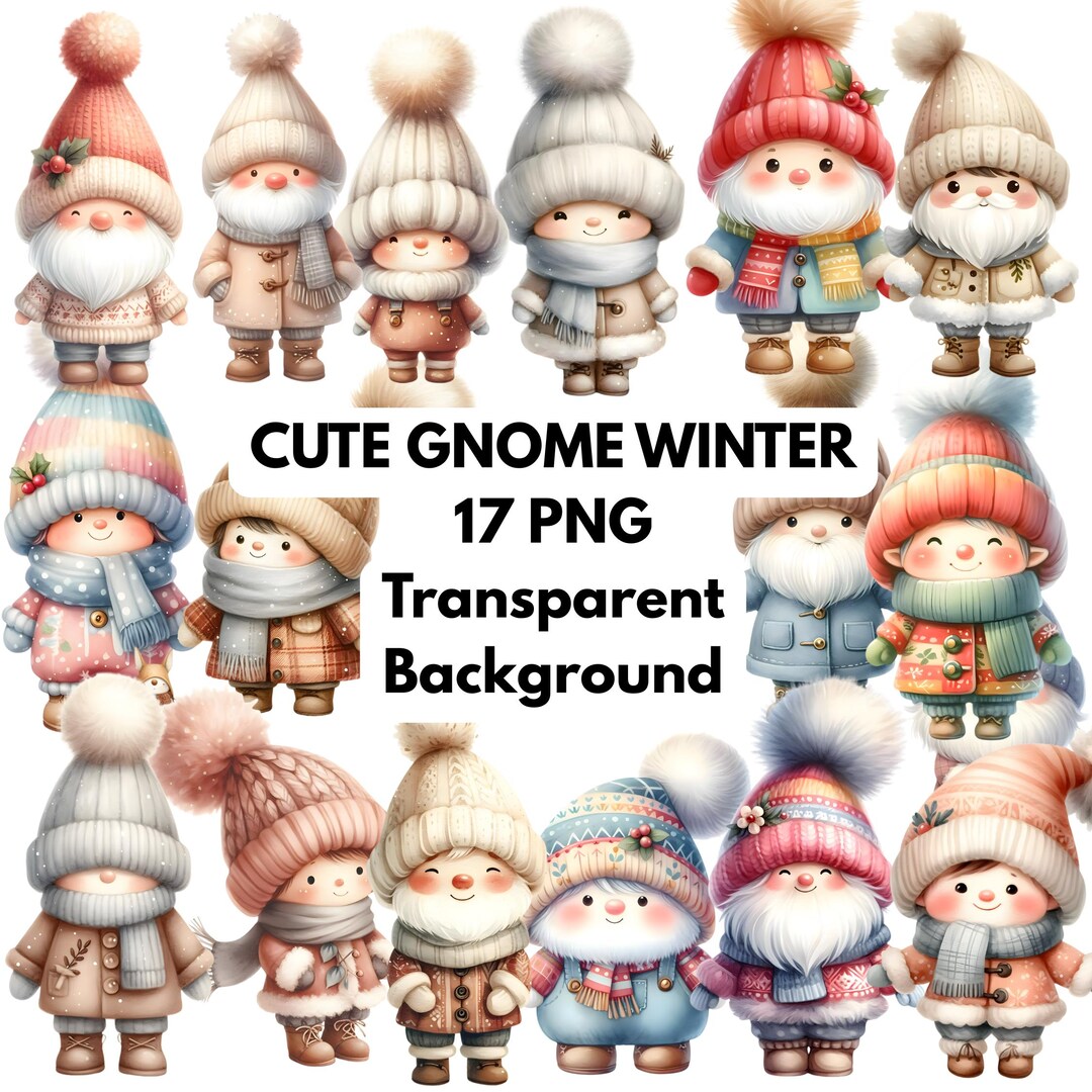 Cute Winter Gnome Clipart Bundle – 17 PNG Transparent Background, Cozy ...