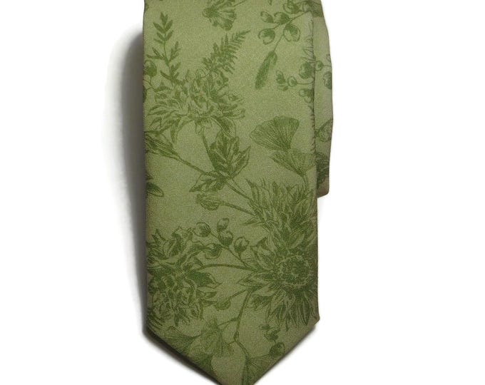 Sage Green Toile Floral Print Standard Self Tie Neck Tie With Pocket ...