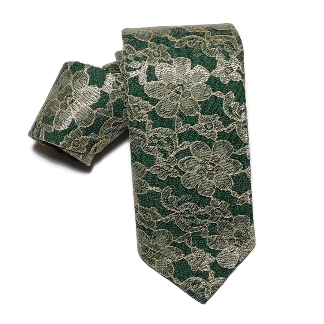Dark Green and Champagne Lace Necktie With Pocket Square Option. - Etsy