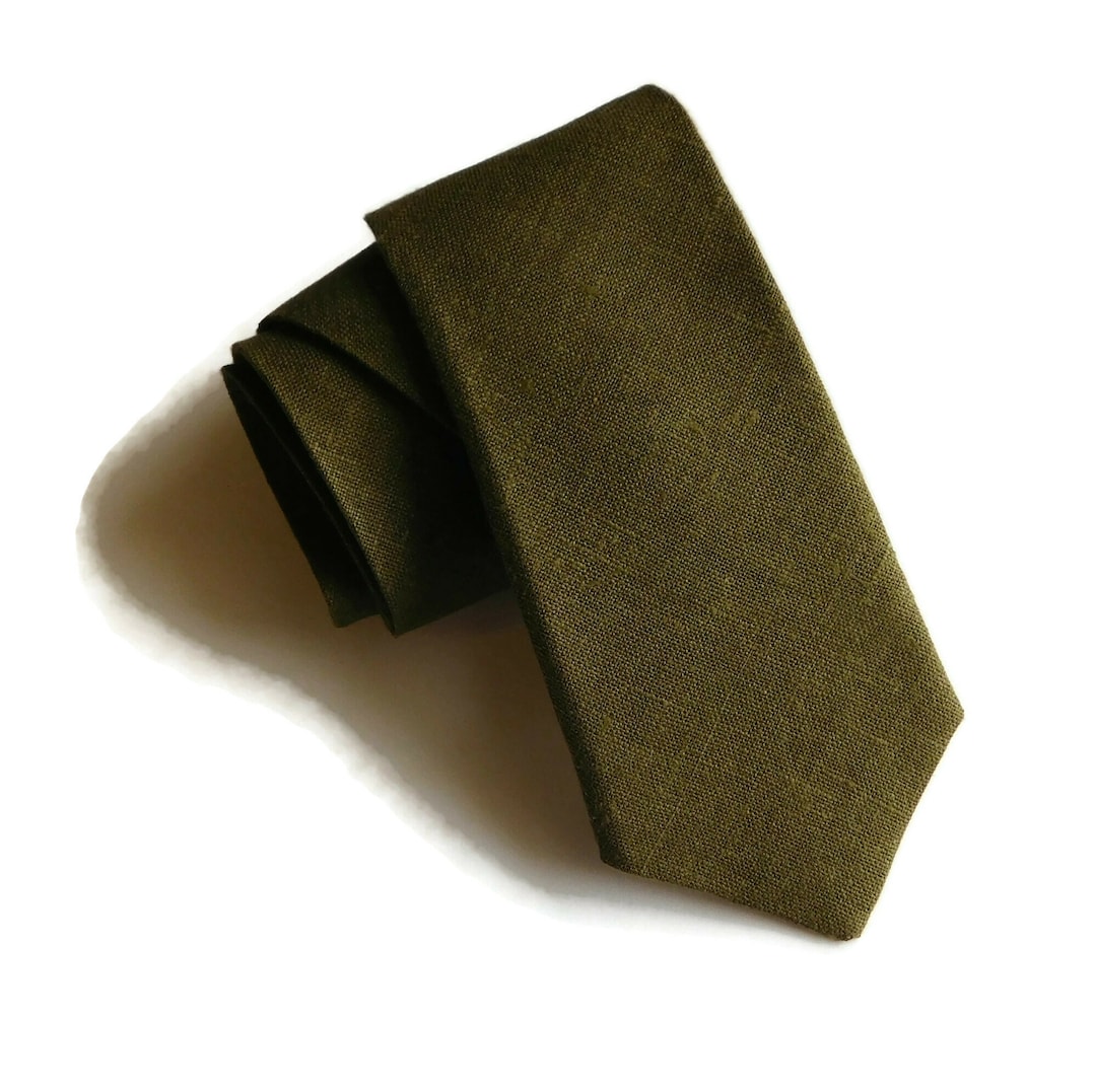 Olive Drab Hopsack Linen Textured Necktie for Adults With Pocket Square ...